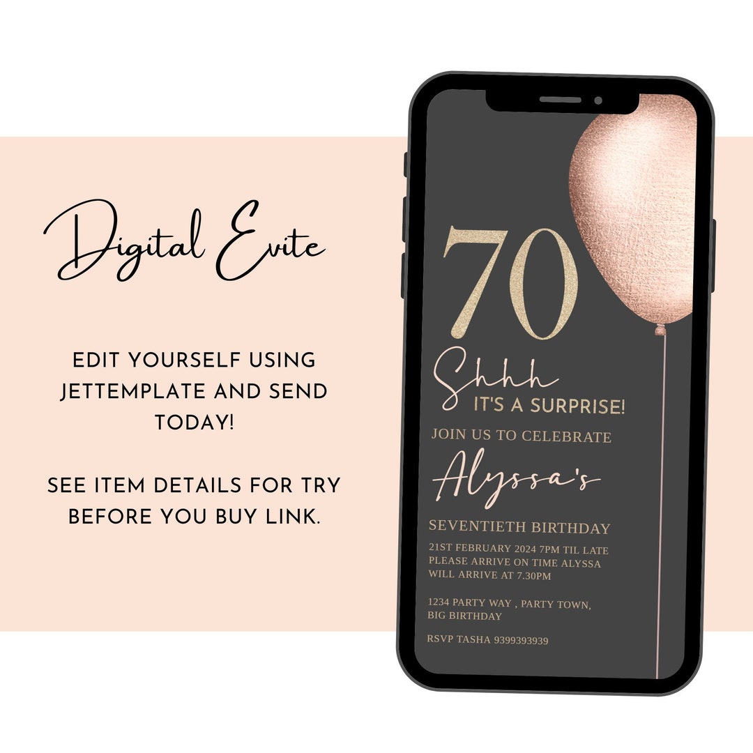 Surprise 70th Birthday Phone Invitation | Rose Gold & Peach (digital ...
