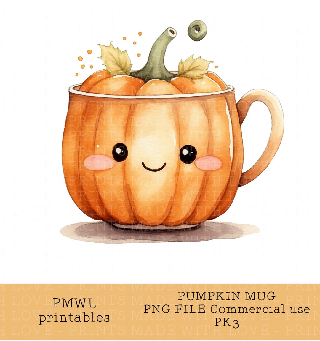 Cute Pumpkin Mug Clipart Kawaii Watercolour PNG File Fall Crafts Autumn ...