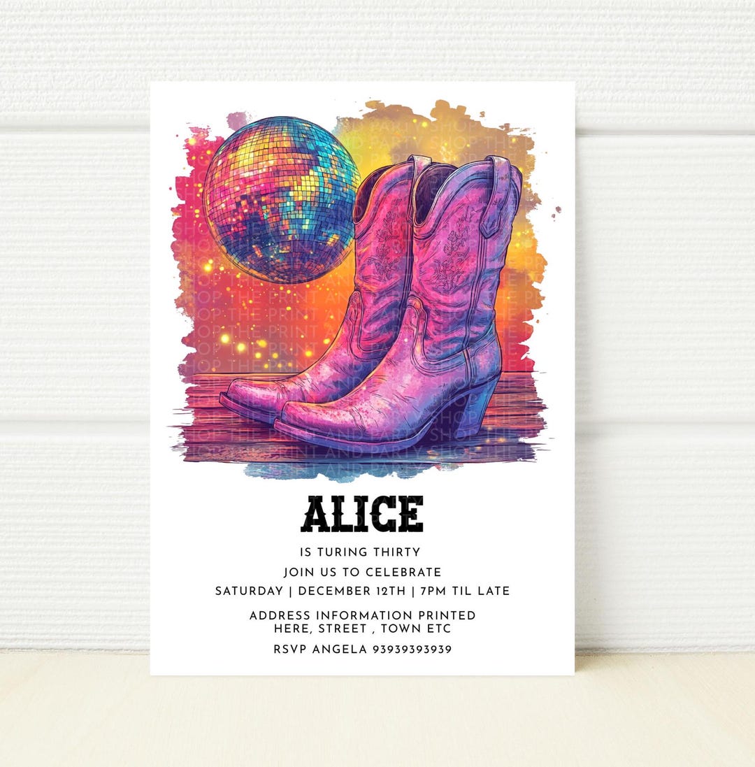 Disco Cowgirl Birthday Party Invitation Pink Western Night Glitter ...