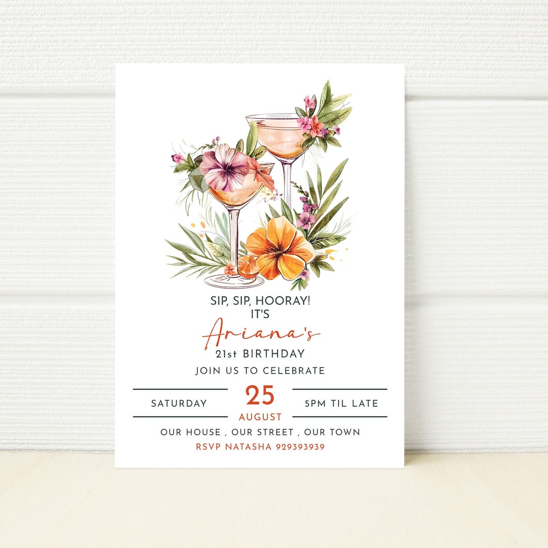 Floral Cocktails 21st Birthday Digital Invitation Editable Invite ...