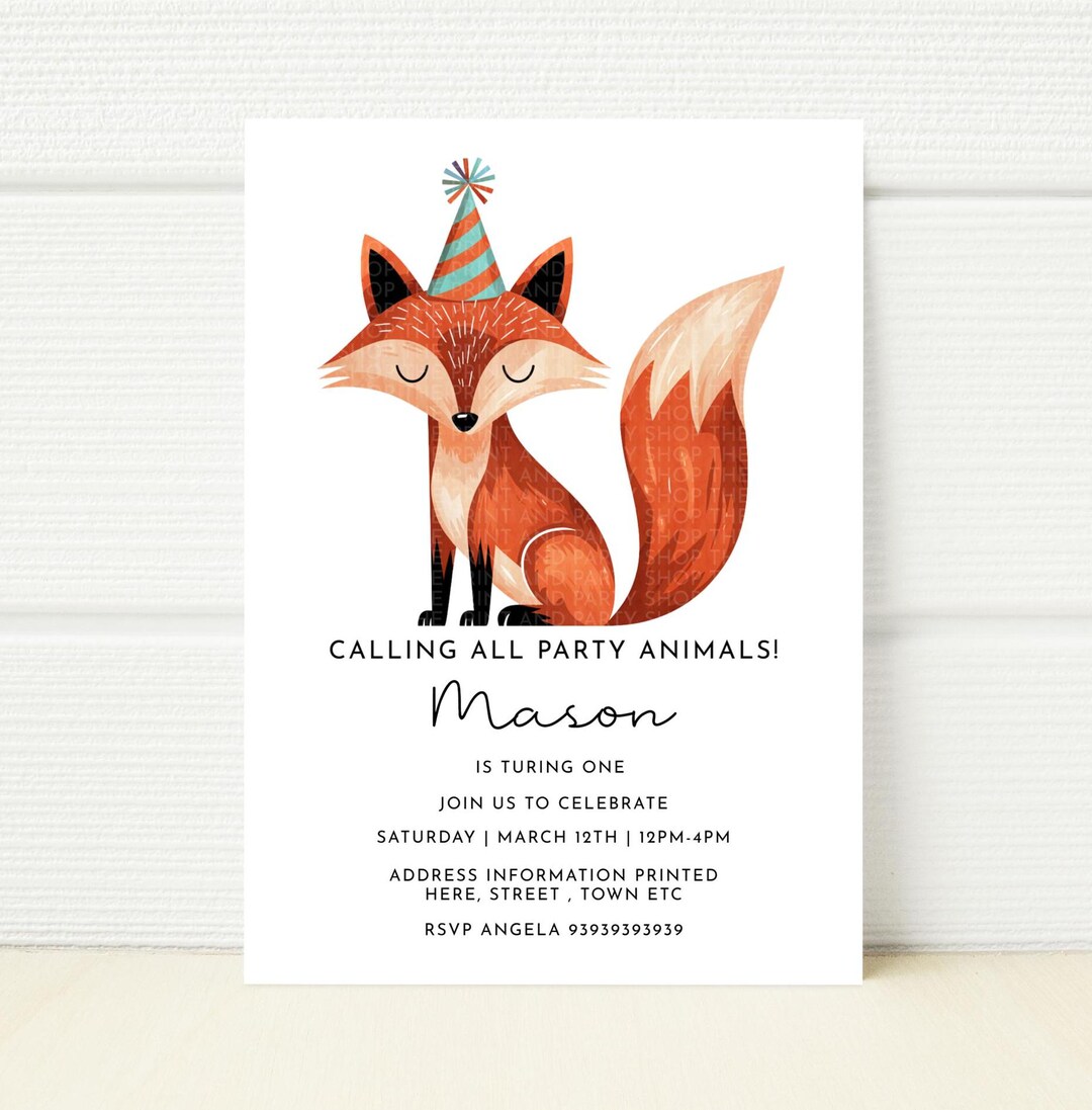 Fox Birthday Party Invitation Digital Editable Template Printable 1st ...