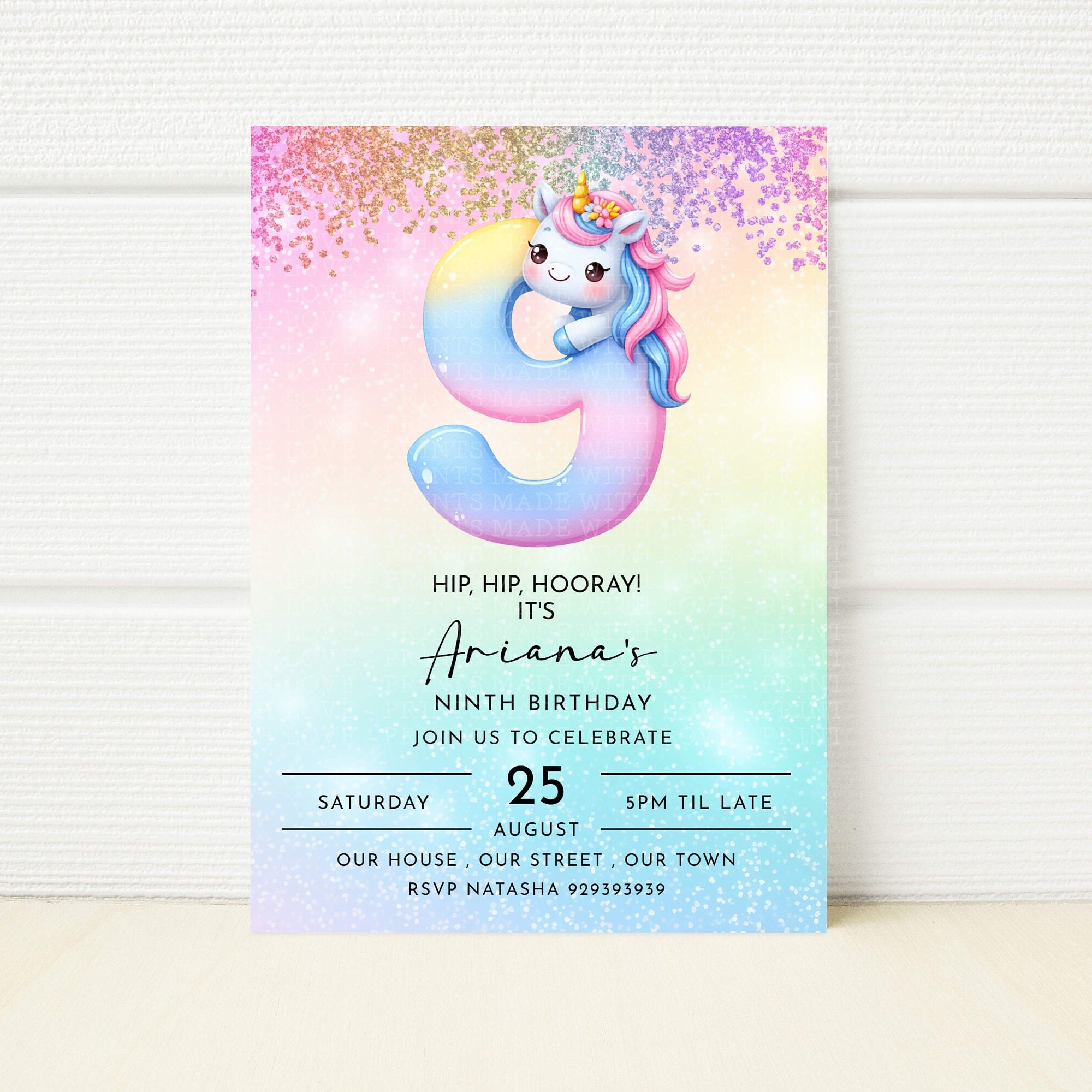 Editable 9th Birthday Party Invitation Unicorn Rainbow Glitter Party ...