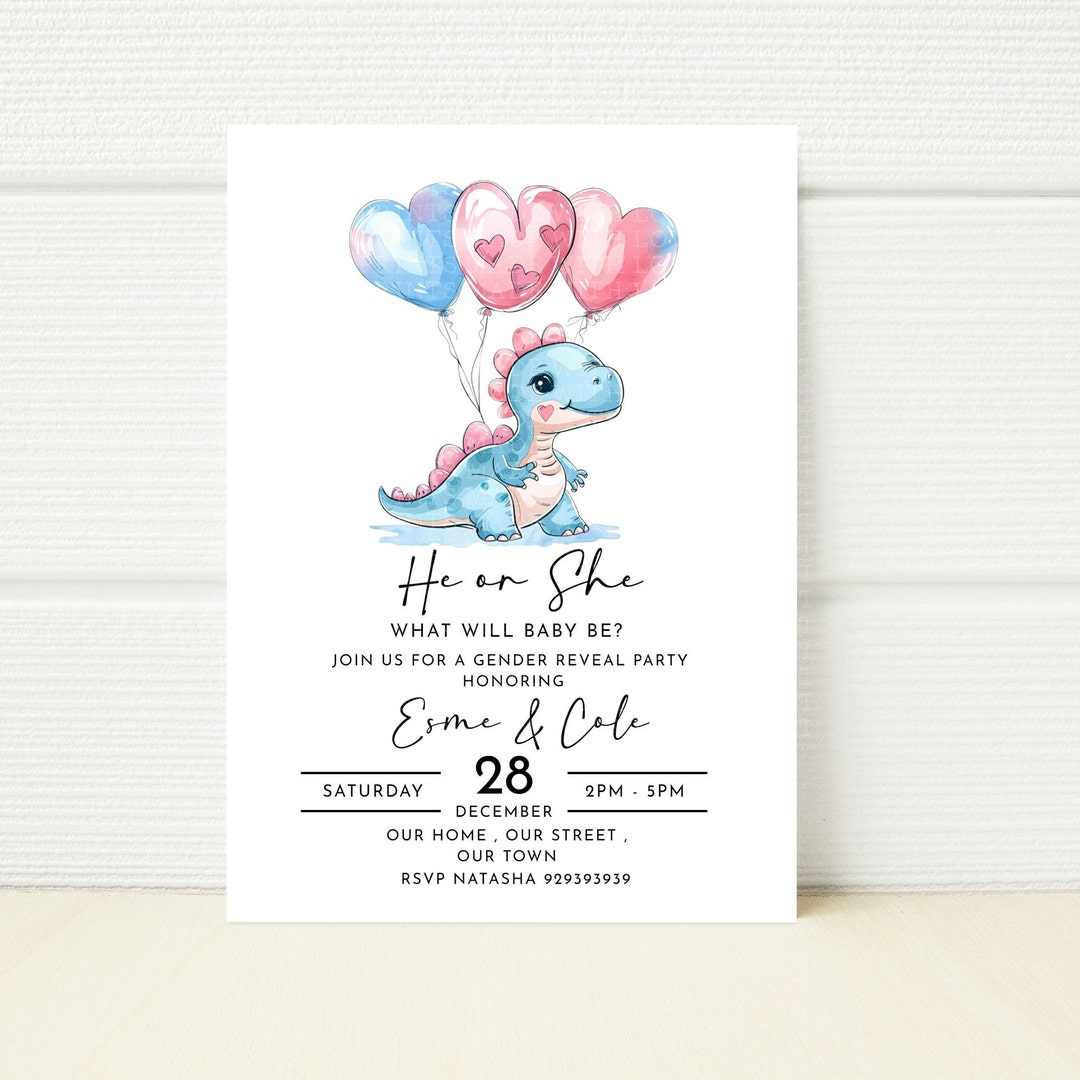Dinosaur Gender Reveal Invitation Editable Printable Digital Template ...