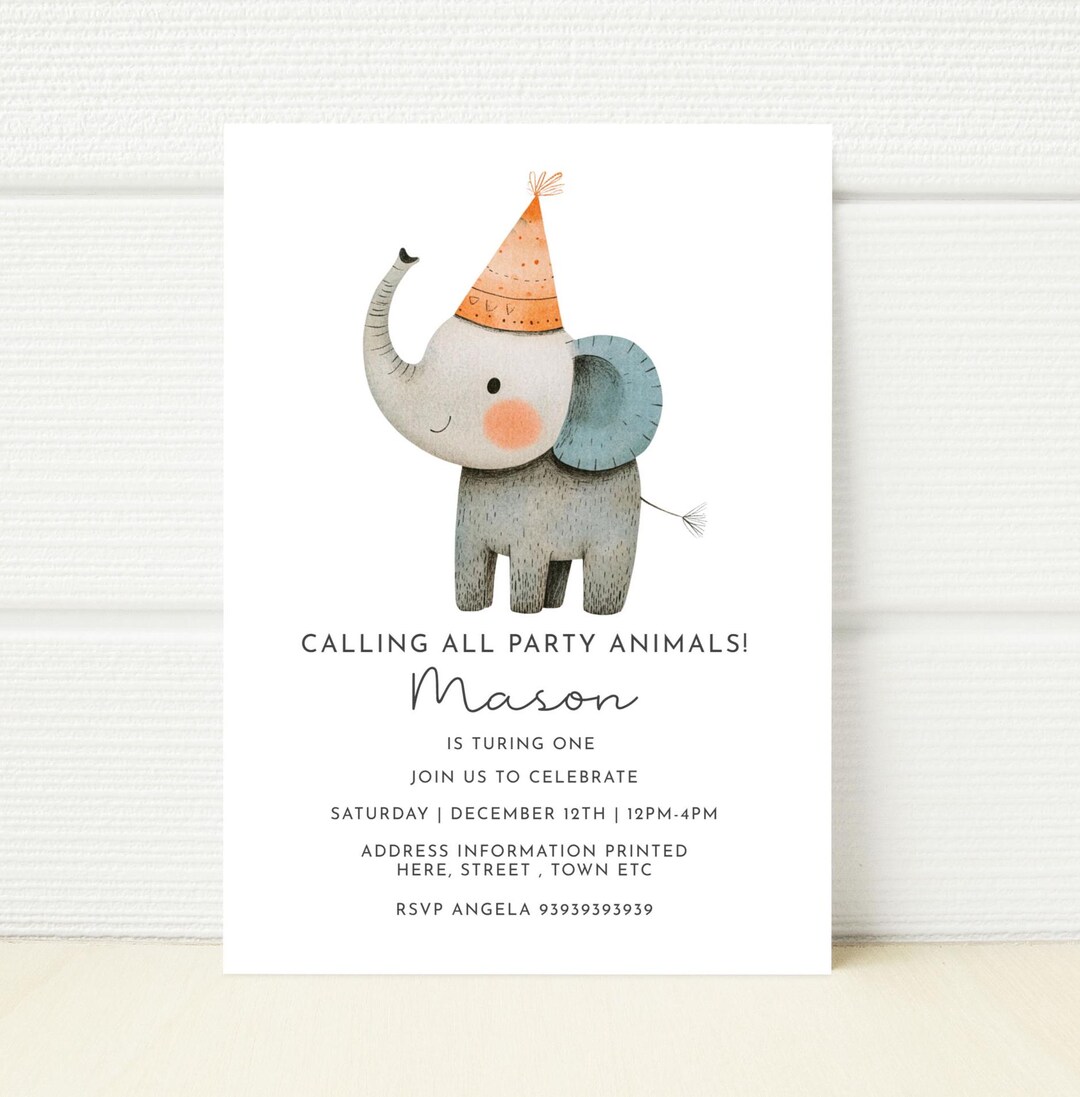 Elephant Birthday Invitation, Wild One Zoo Party (editable PDF) - Etsy