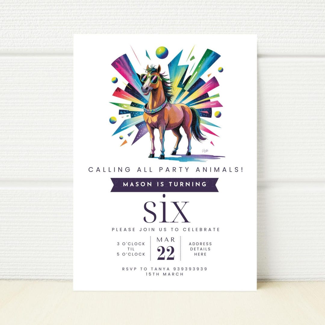 Horse Rave Disco Rainbow Birthday Invitation Canva Editable Template ...