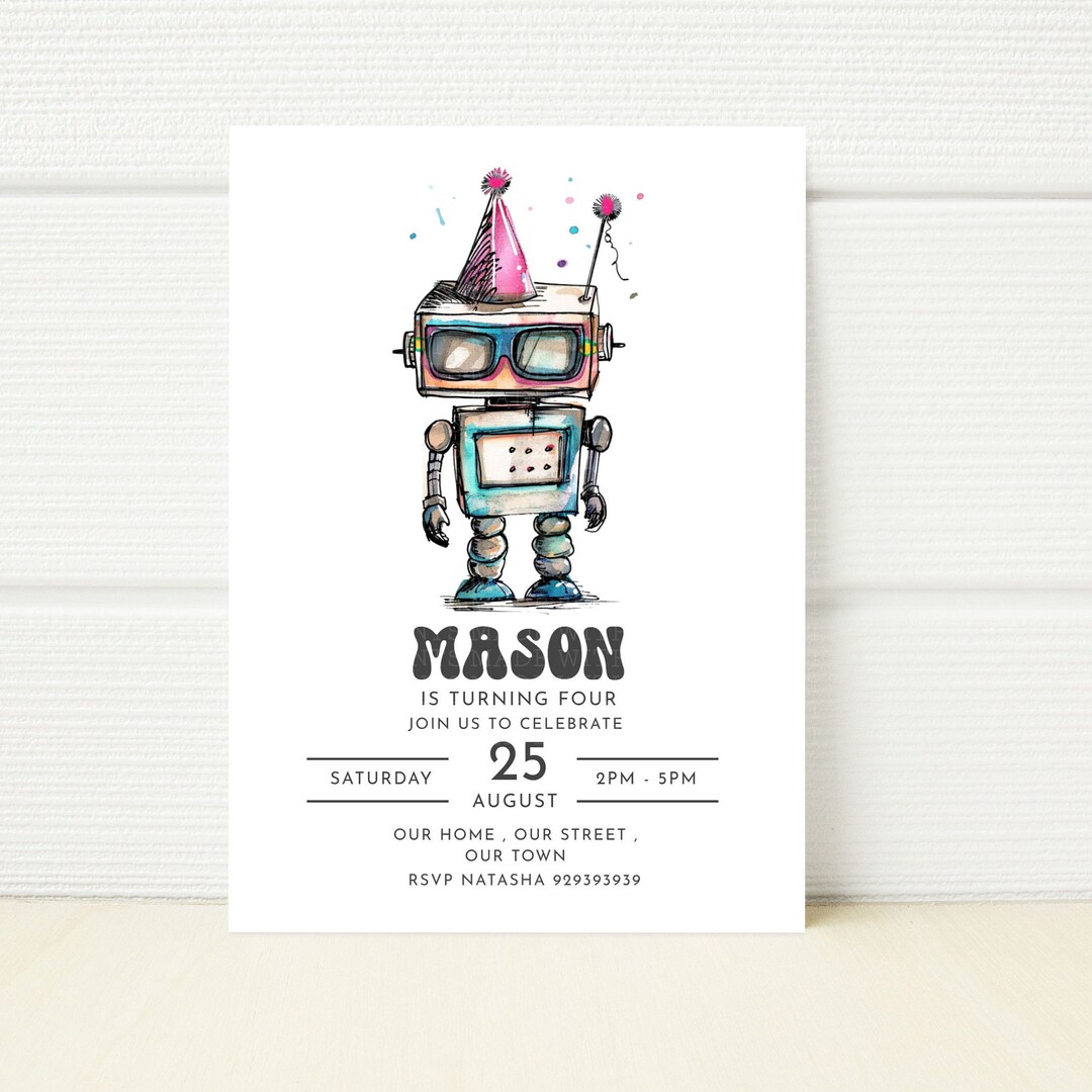 Editable Robot Birthday Invitation Printable Invite Birthday Party Girl ...