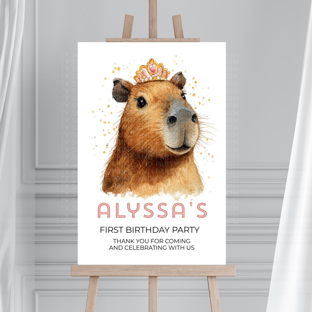 Editable Capybara Birthday Welcome Sign, Girl Princess Theme (digital ...