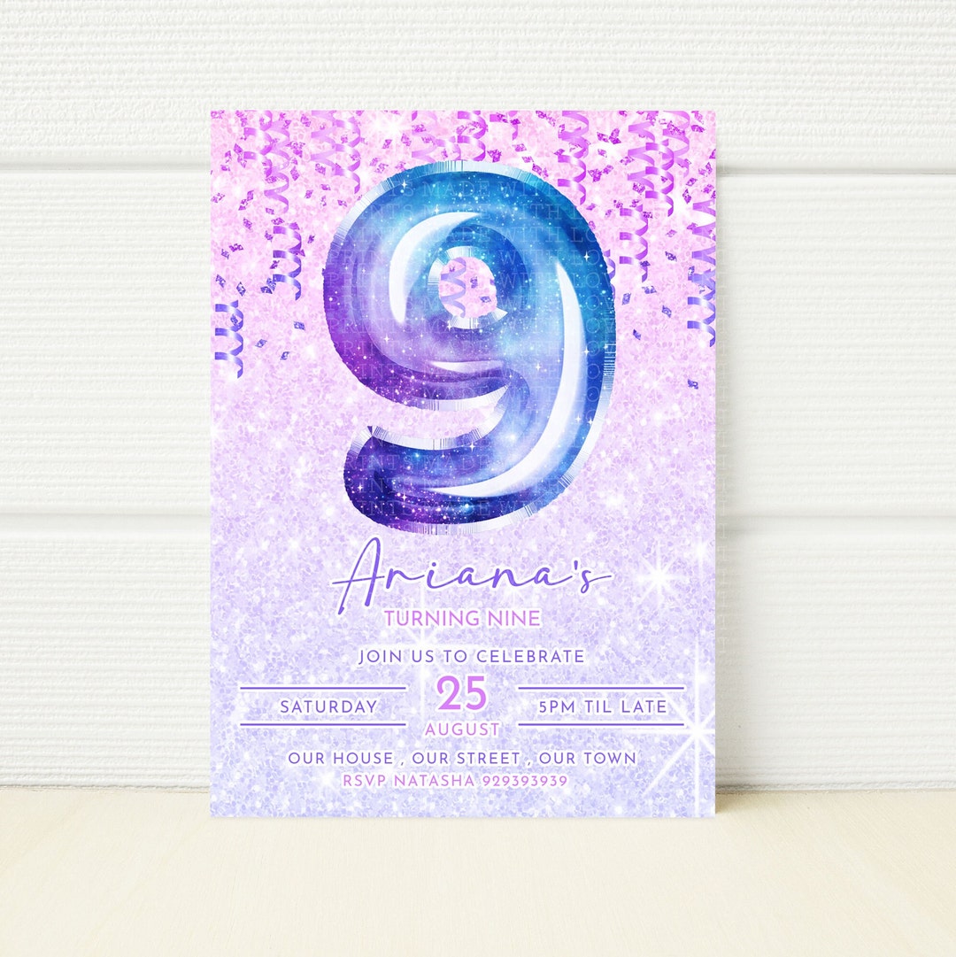 Editable Blue and Purple 9th Birthday Invitation First Birthday Invite ...
