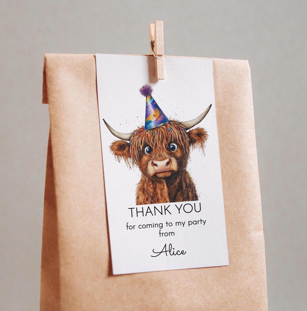 Editable Highland Cow Birthday Party Thank You for Coming Gift Tags ...