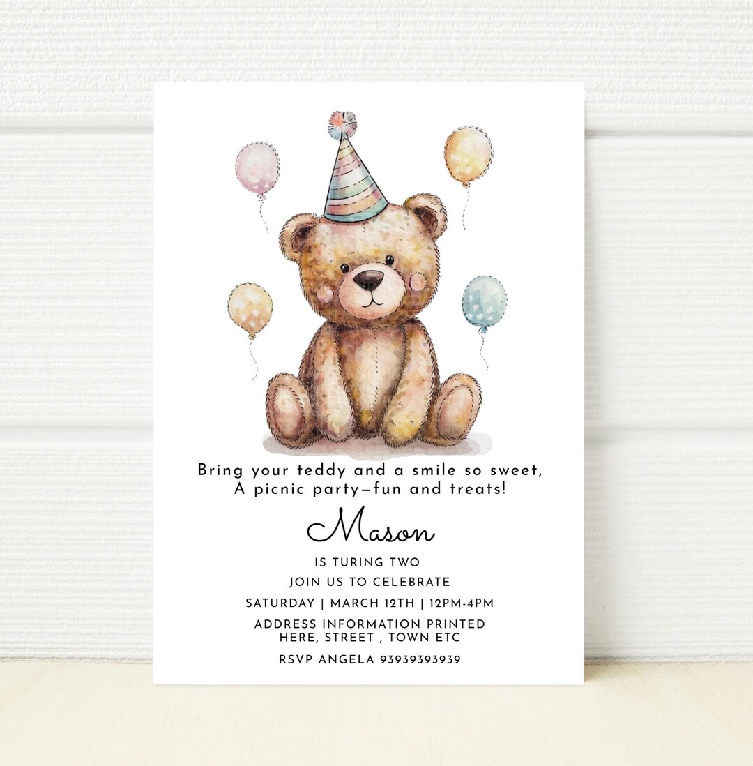 Editable Teddy Bear Birthday Party Invitation Template Teddy Bears ...