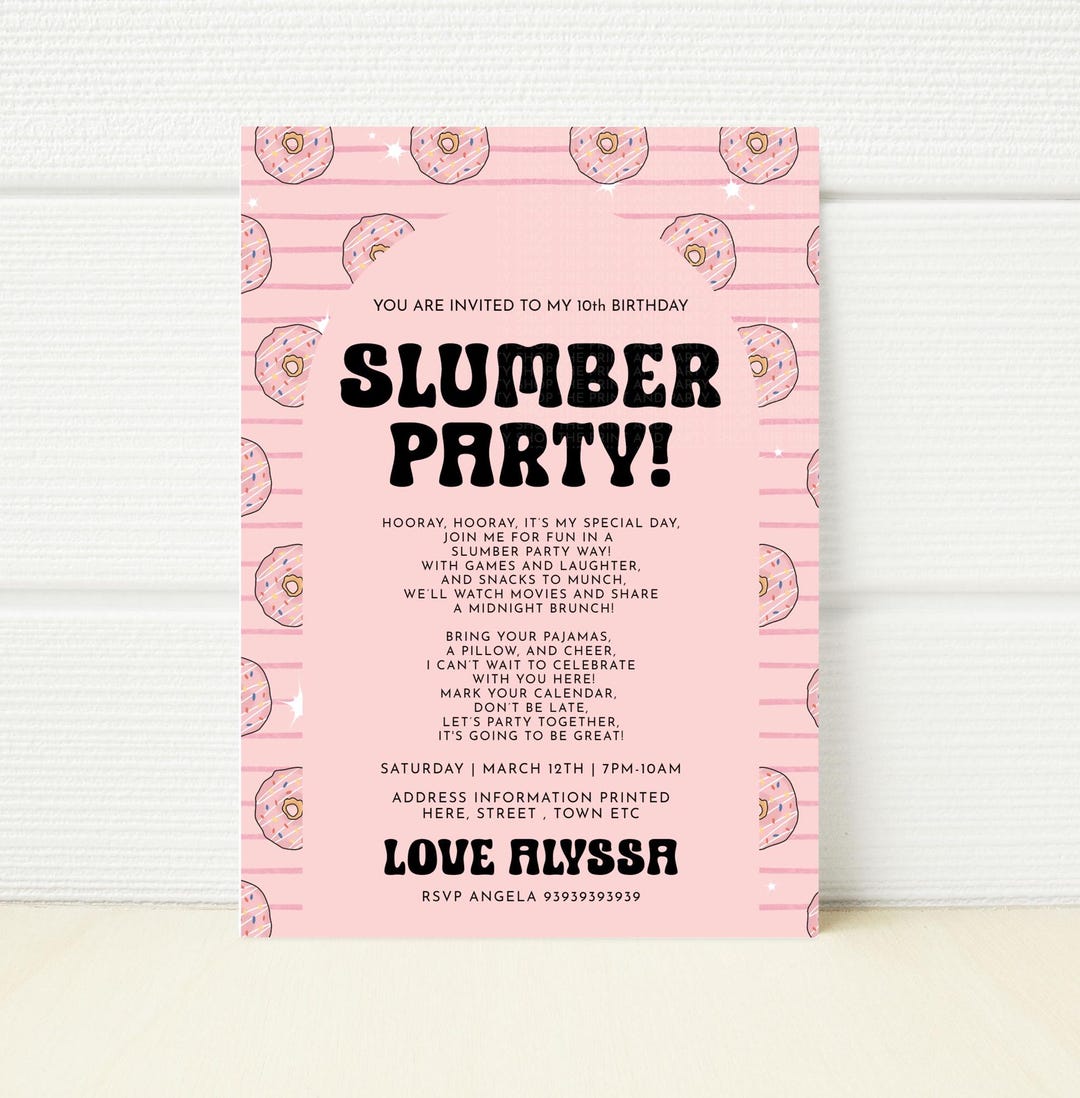 Slumber Party Sleepover Digital Birthday Invitation Doughnut Donut Spa ...