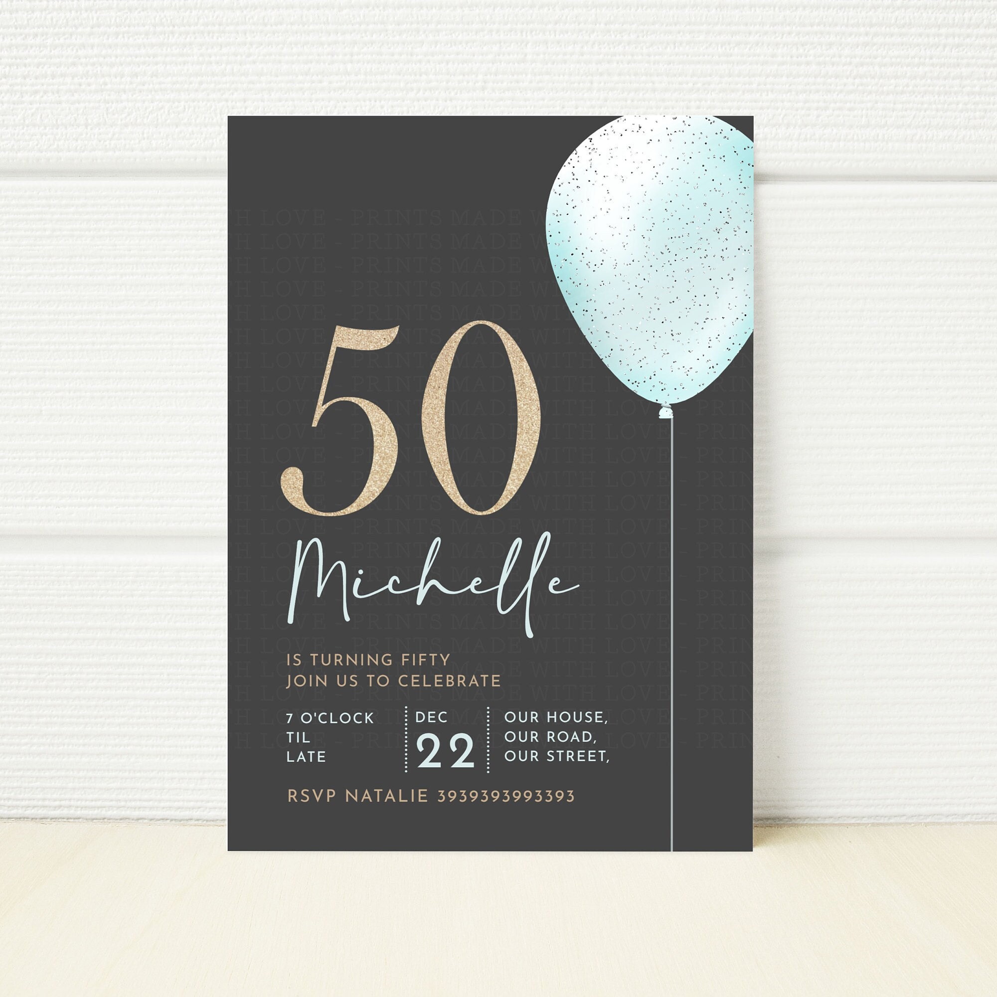 Editable 50th Birthday Party Invitation Minimalist Blue Gold Printable ...