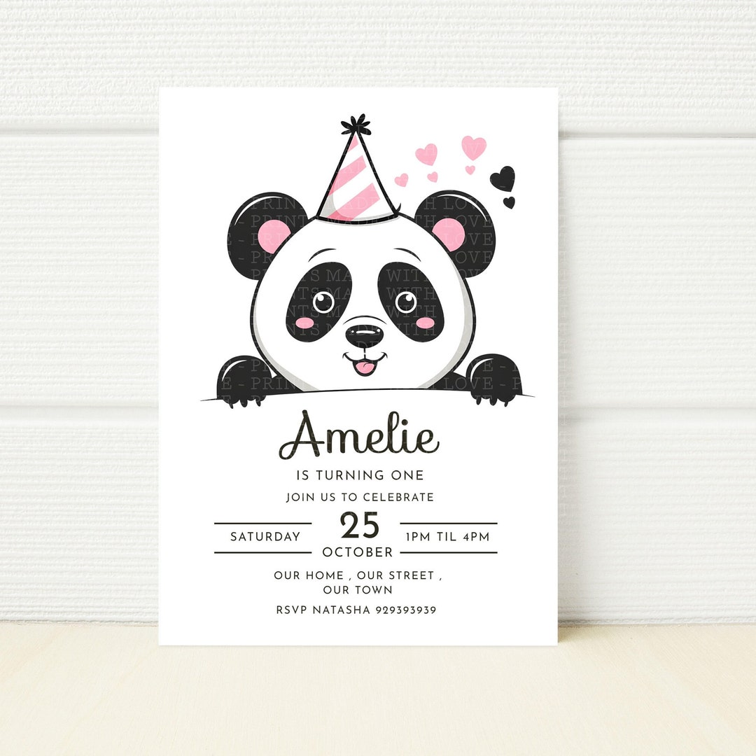 Editable Panda Birthday Invitation Cute Kawaii Pink and Black Party ...