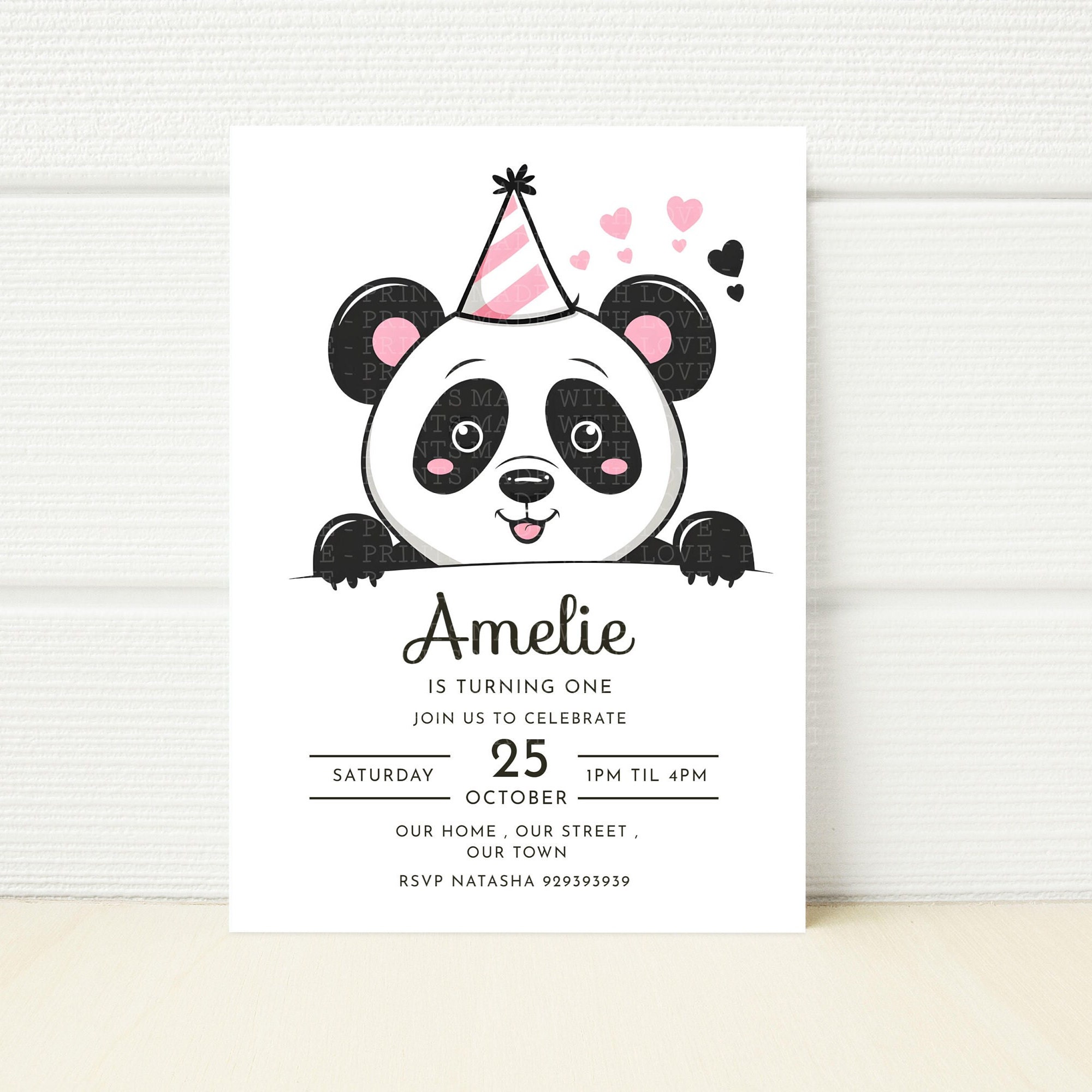 Editable Panda Birthday Invitation Cute Kawaii Pink and Black Party ...