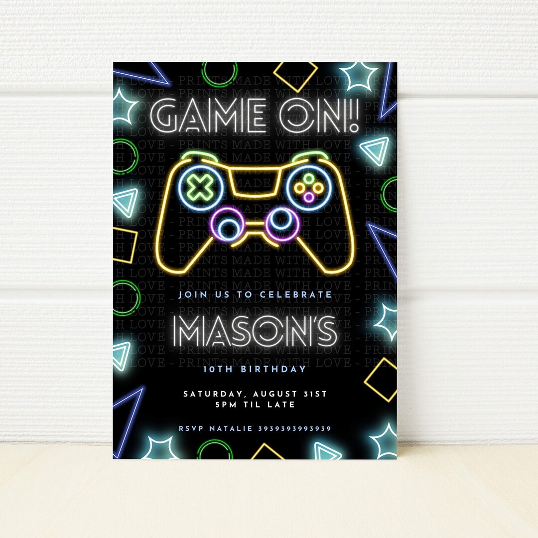 Editable Gamer Birthday Invitation Neon Gaming Party Invite Game on ...