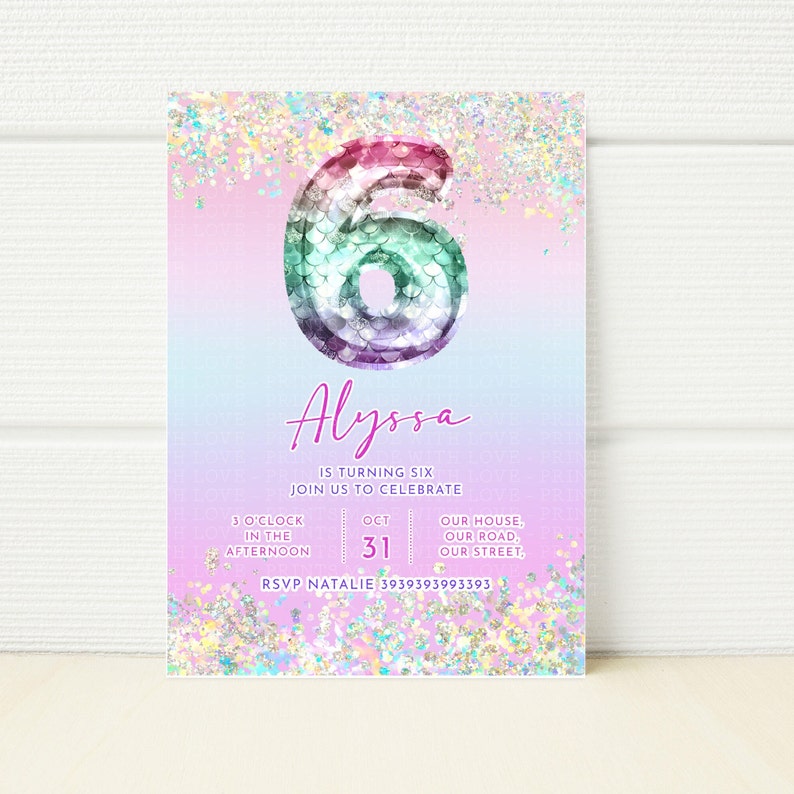Editable 6th Birthday Party Invitation Mermaid Printable Template ...
