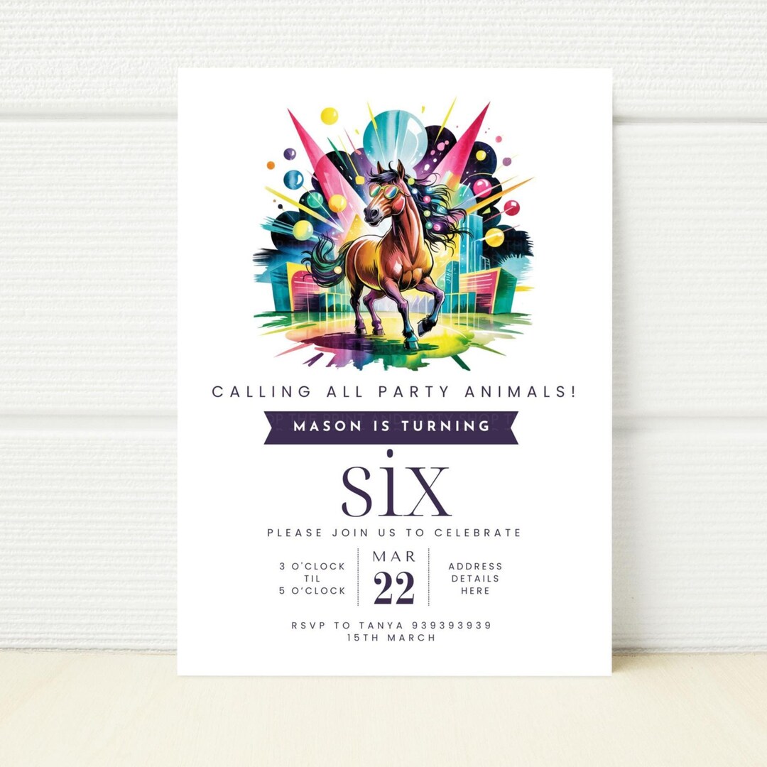 Horse Rave Disco Rainbow Birthday Invitation Canva Editable Template ...