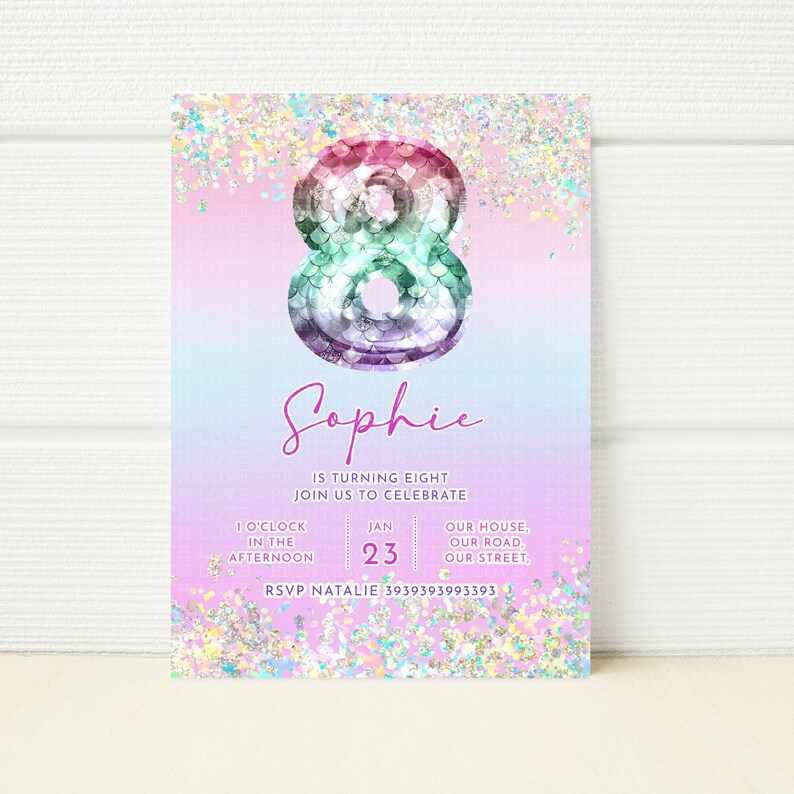Editable 8th Birthday Party Invitation Mermaid Printable Template ...