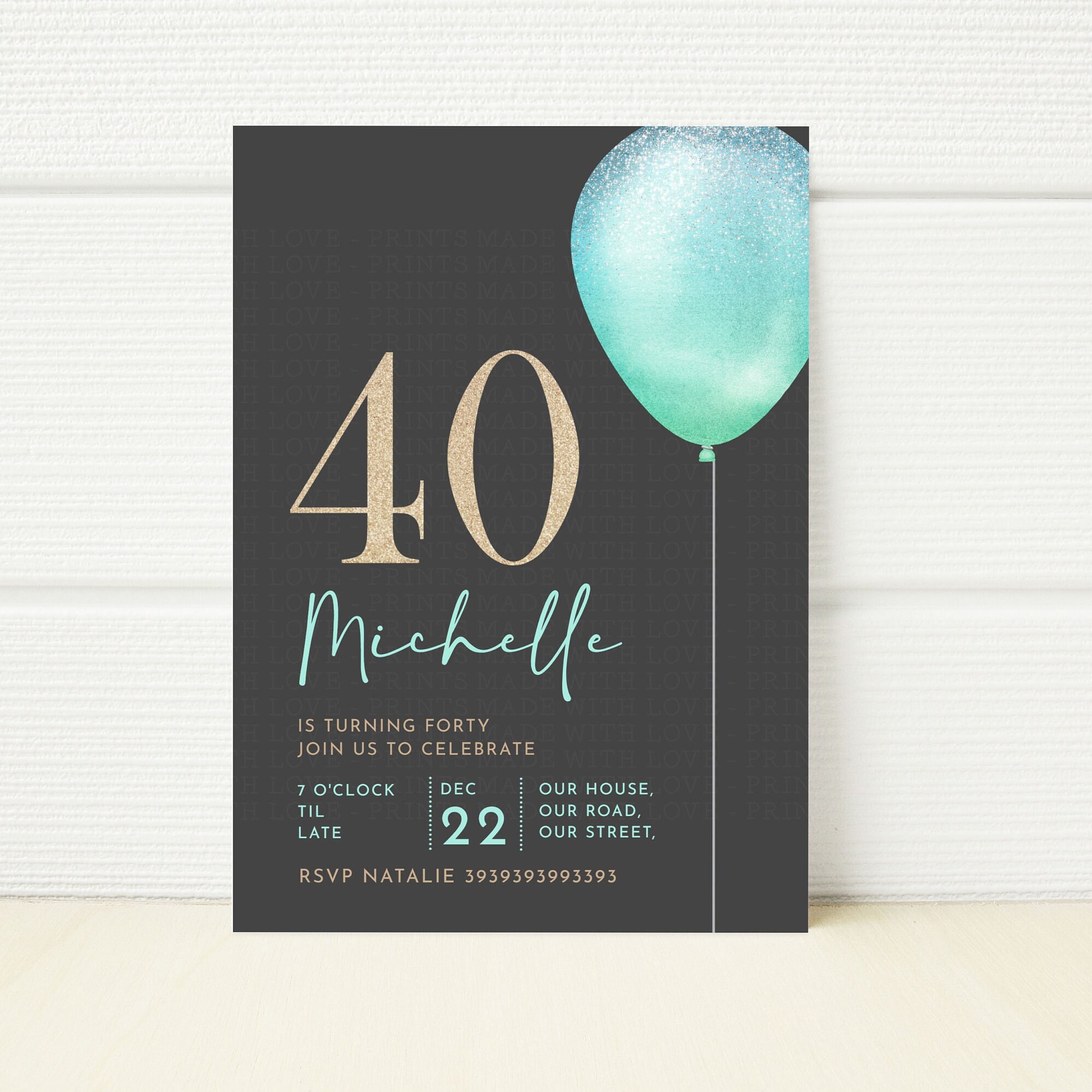 Editable 40th Birthday Party Invitation Minimalist Teal Gold Printable ...