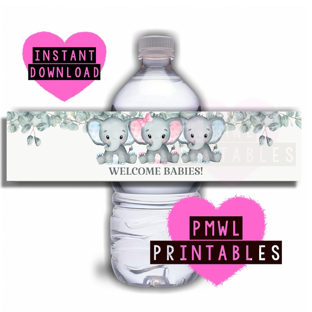 Triplets Baby Shower , Water Bottle Label , 2 Boys 1 Girl , Elephant ...