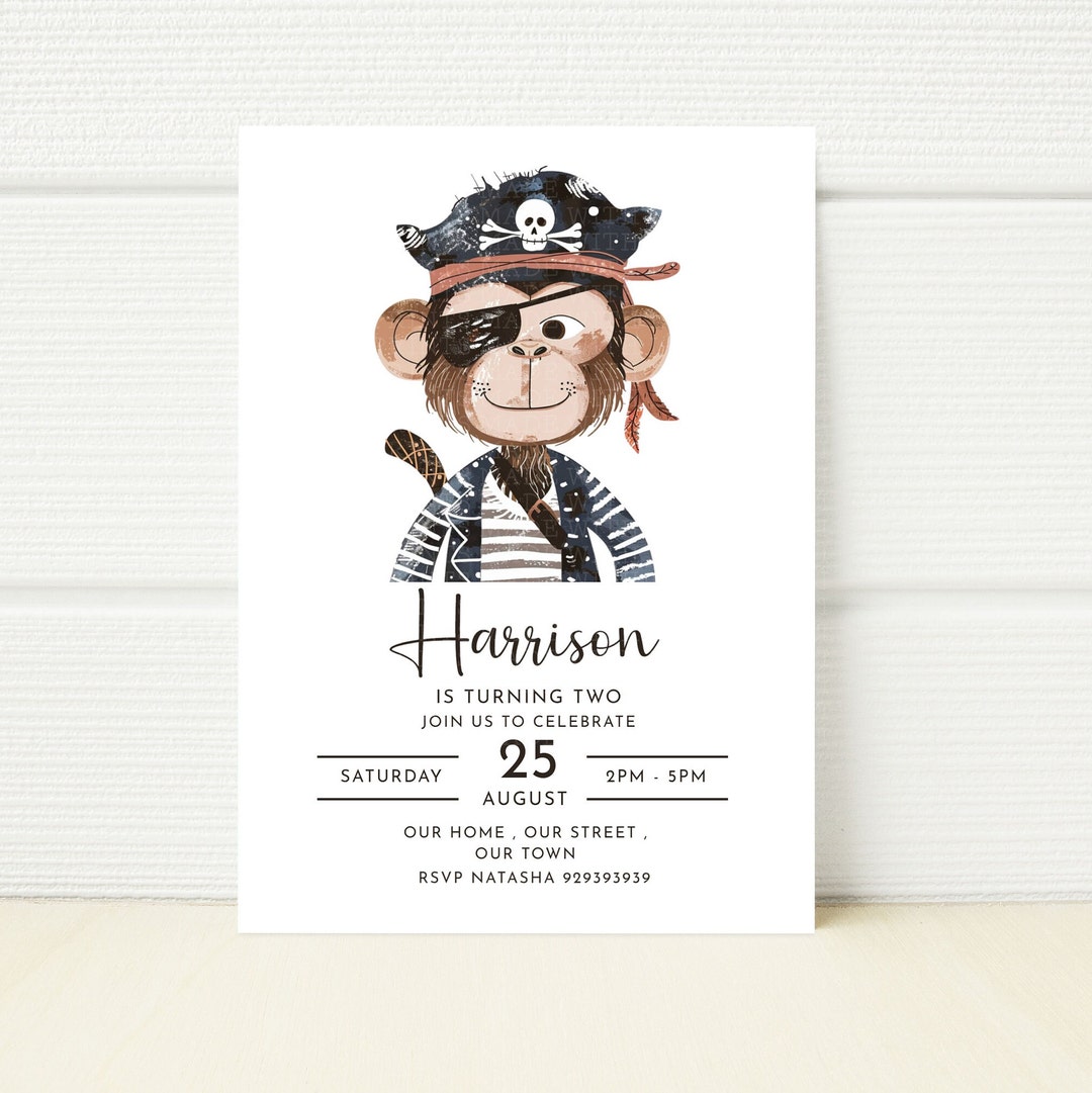 Monkey Pirate Editable Birthday Party Invitation Wild Party Invite ...