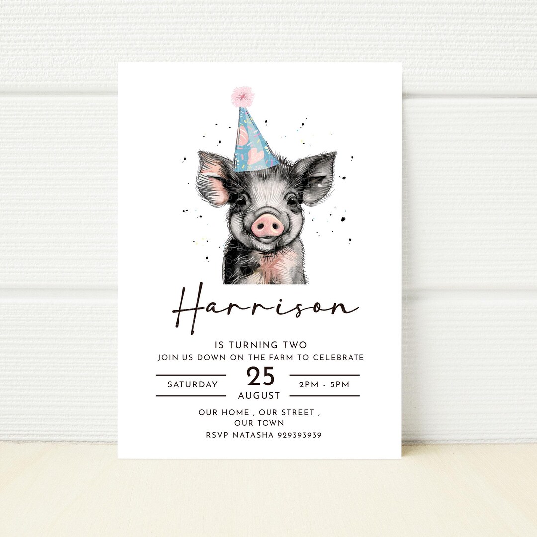 Editable Pig Birthday Party Invitation Template Digital Electronic ...