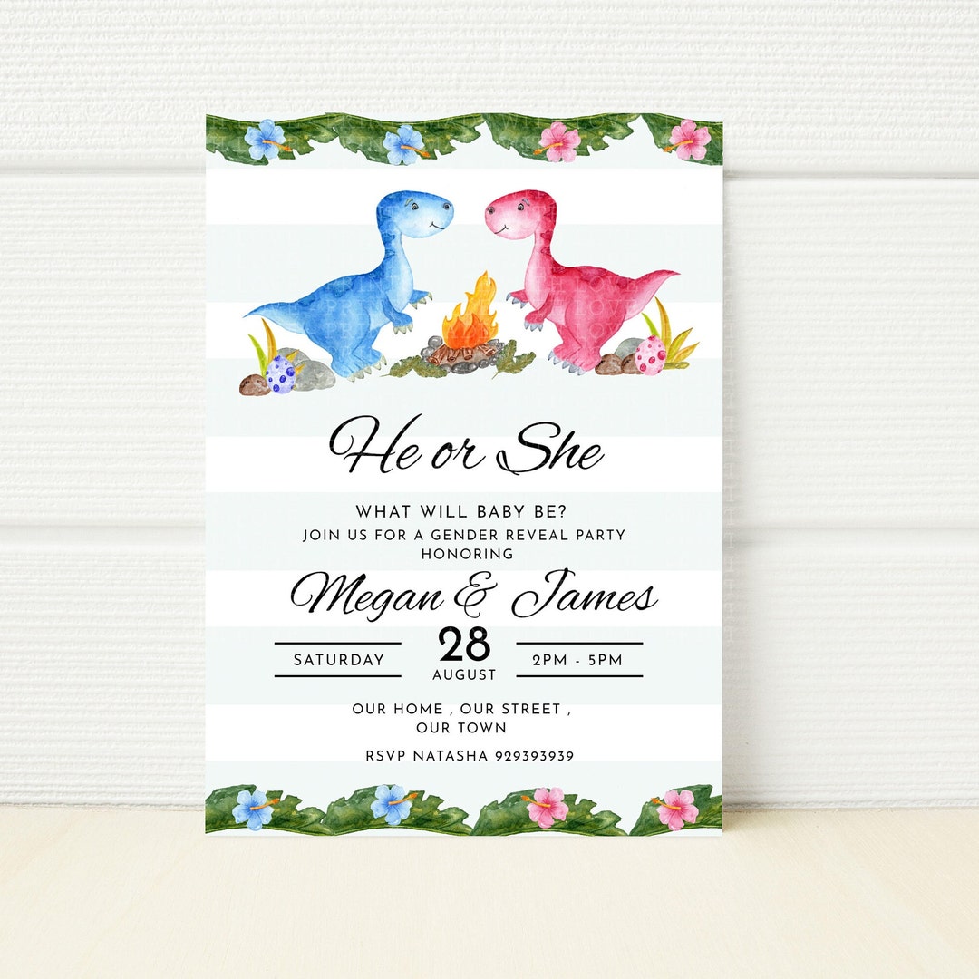 Dinosaur Gender Reveal Invitation Editable Printable Digital Template ...