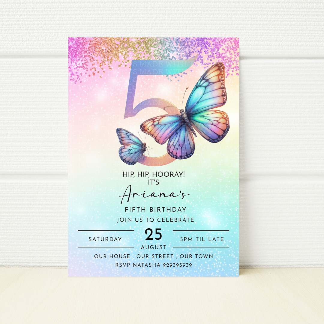 Butterfly 5th Birthday Invitation Rainbow Invite Glitter Party Girls ...