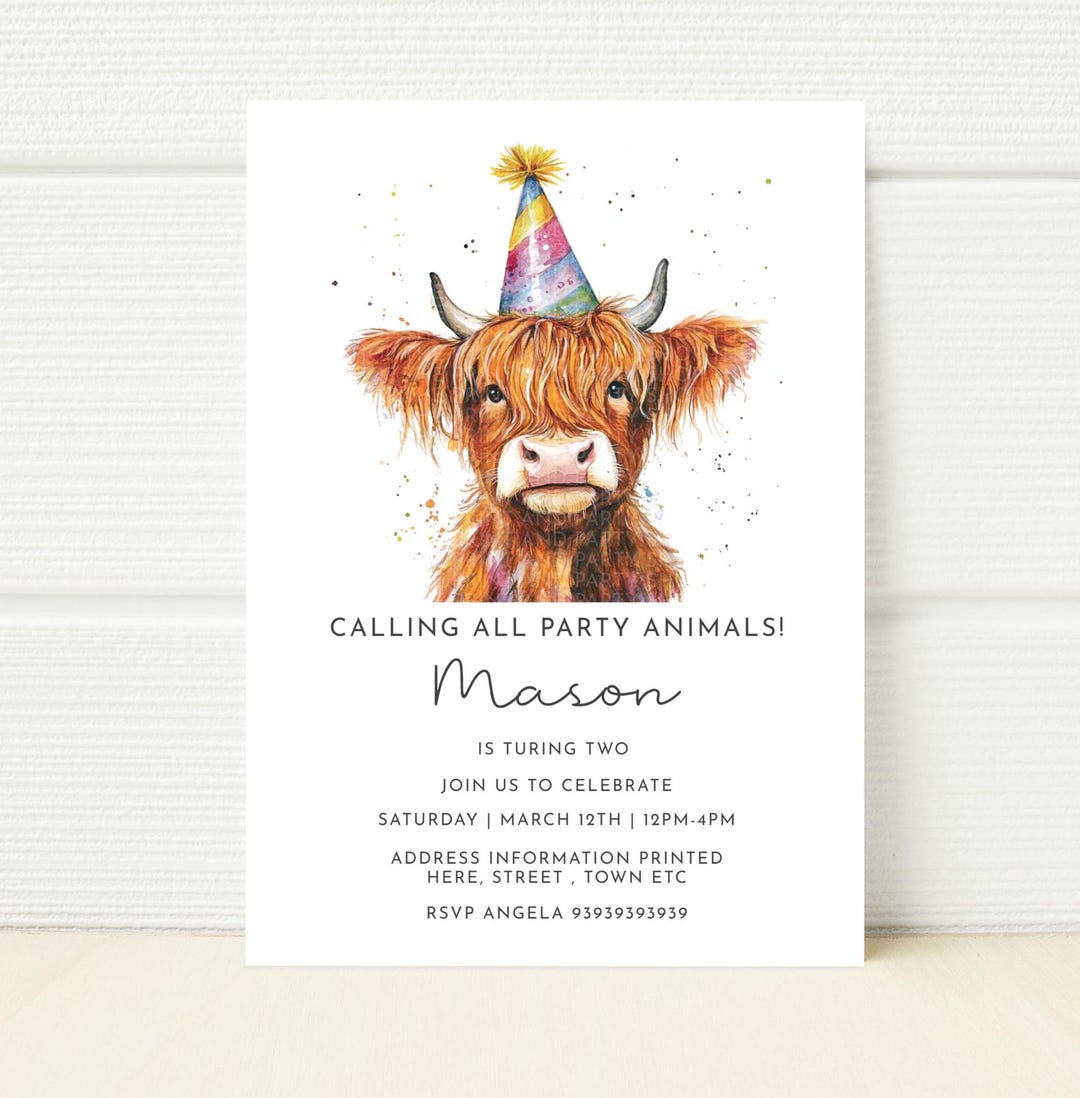 Highland Cow Birthday Party Invitation Cute Party Invite Digital Mobile ...