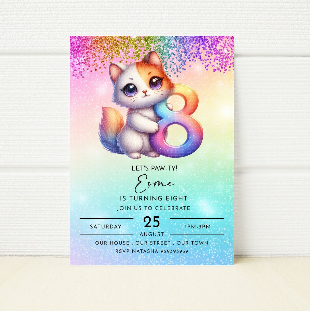 Cat 8th Birthday Invitation, Rainbow Kitten Party (digital) - Etsy