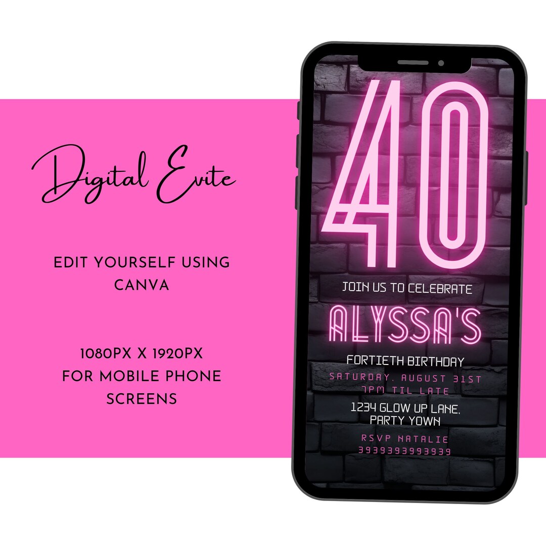 40th Birthday Invitation Digital Editable Canva Template Neon Rave ...
