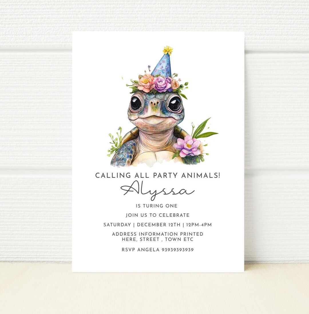 Floral Tortoise Birthday Party Invitation Editable Template Party ...
