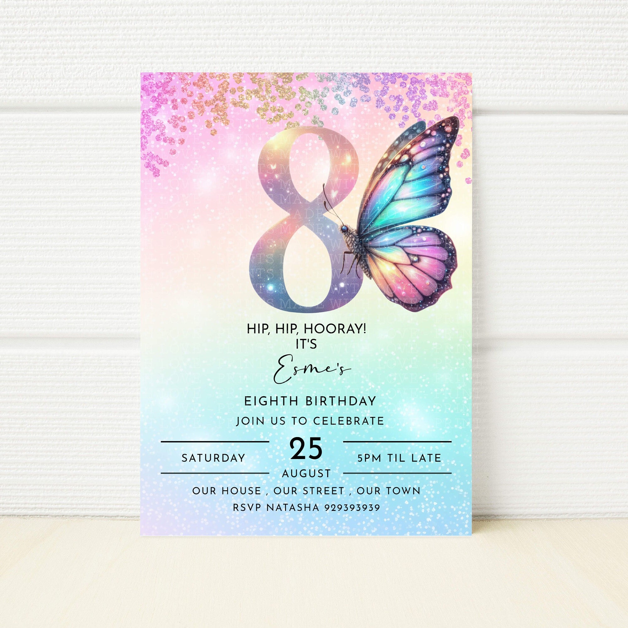 Editable Butterfly Invitation 8th Birthday Rainbow Invitation Glitter ...