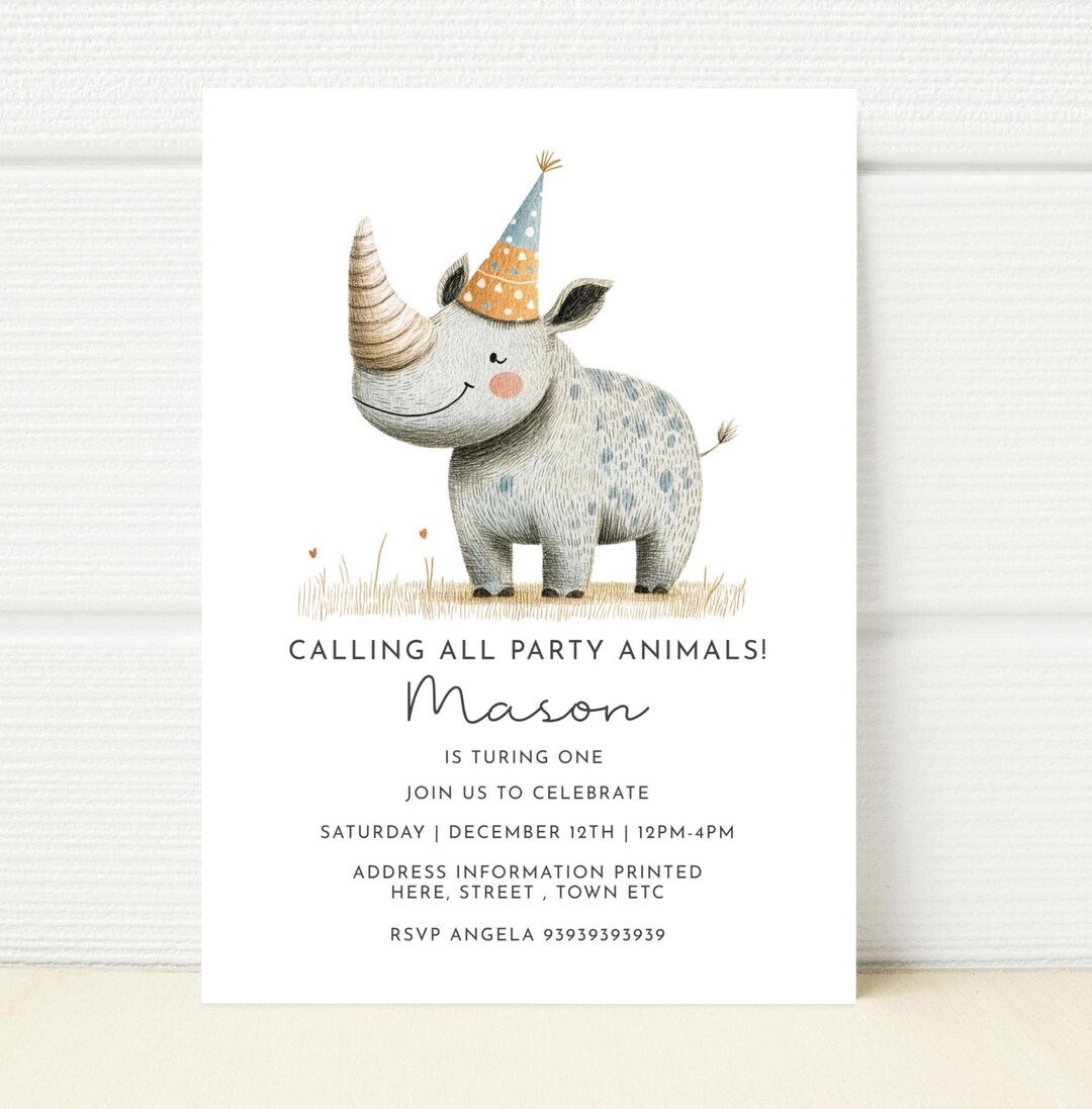 Editable Rhino Wild Birthday Party Invite Invitation Printable Template ...