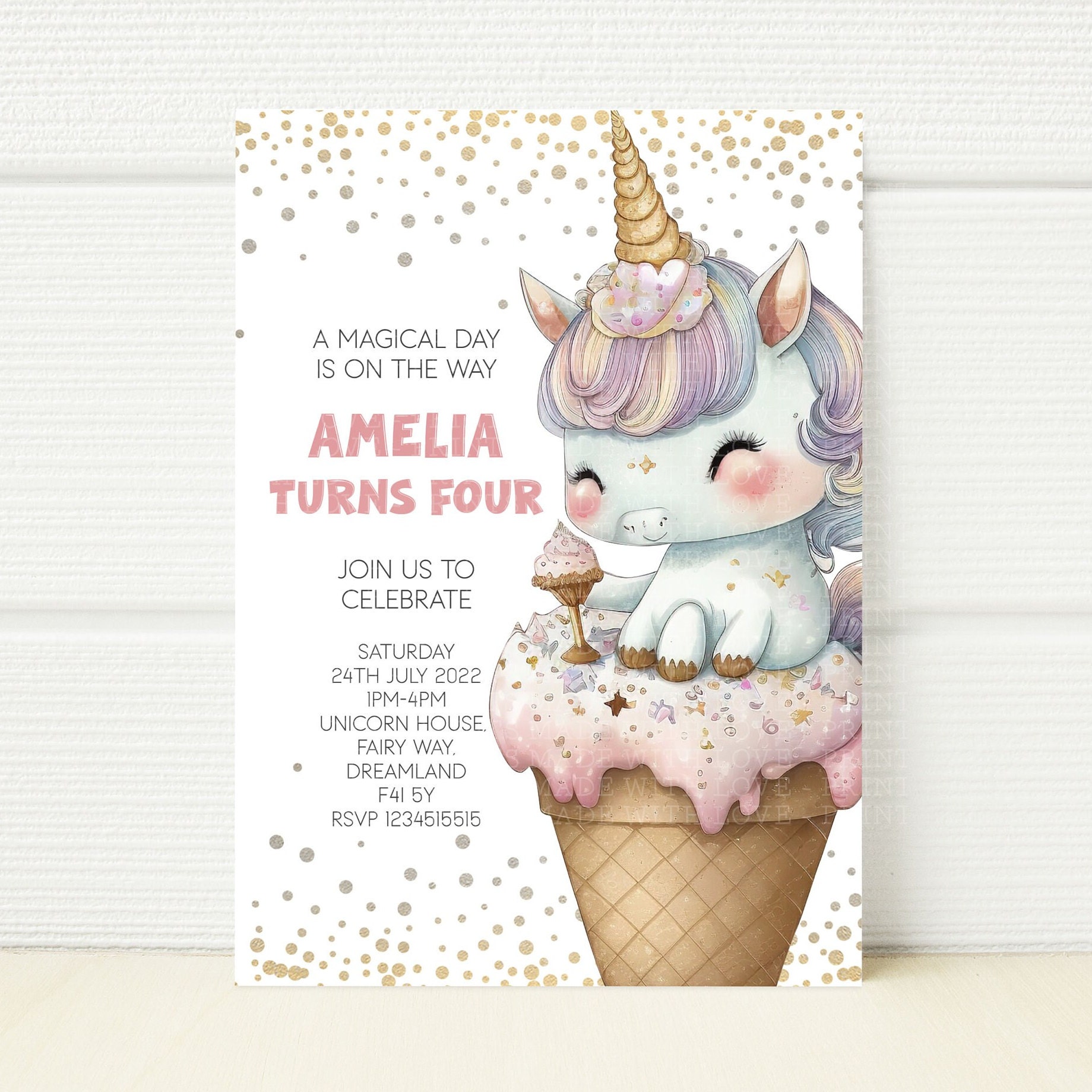 Editable Unicorn Birthday Invitation Ice Cream Sprinkles Confetti ...