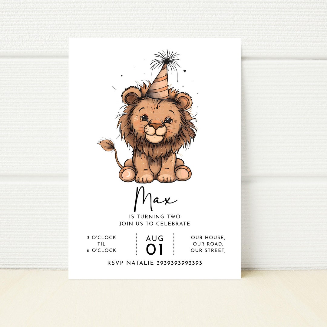 Editable Lion Birthday Party Invitation Minimalist Simple Invite Wild ...