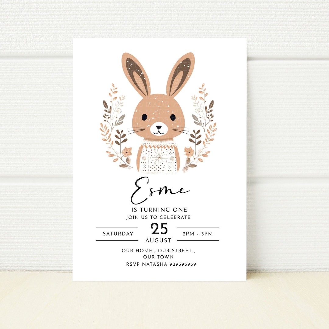 Rabbit Birthday Invitation Scandi Minimalist Simple Style Printable ...