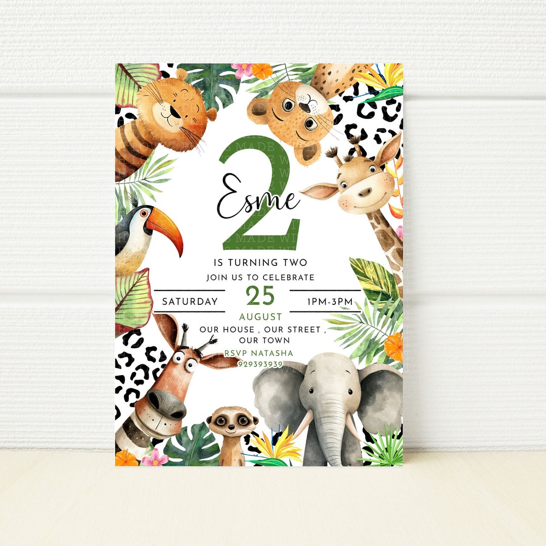 Editable Jungle 2nd Birthday Party Invitation Safari Invite Wild Second ...
