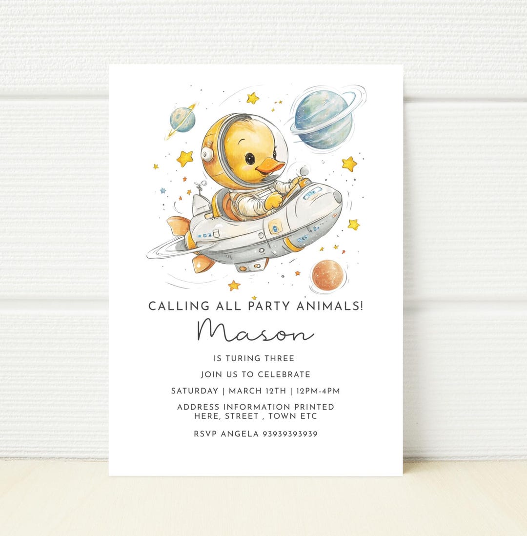 Editable Space Duck Birthday Party Invitation Farm Astronaut Party ...