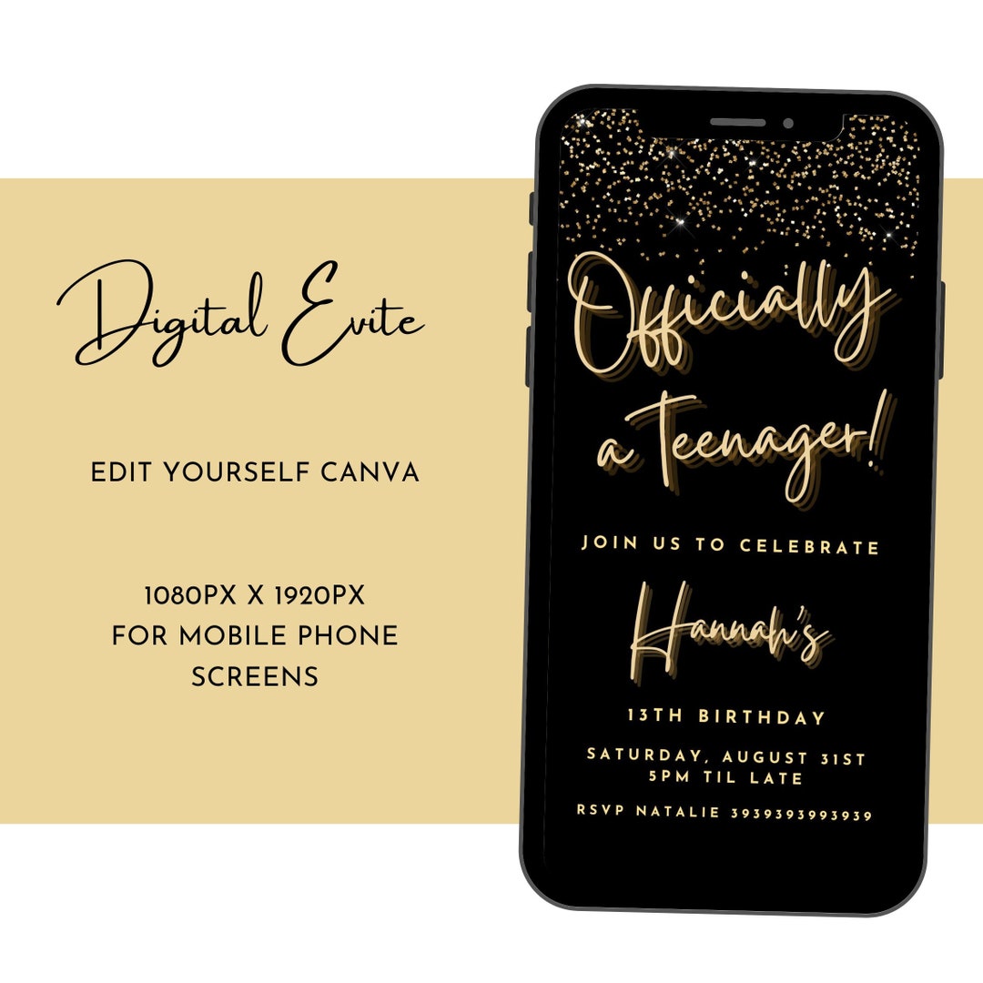 Officially a Teenager 13th Birthday Party Invitation Glow Party Black ...