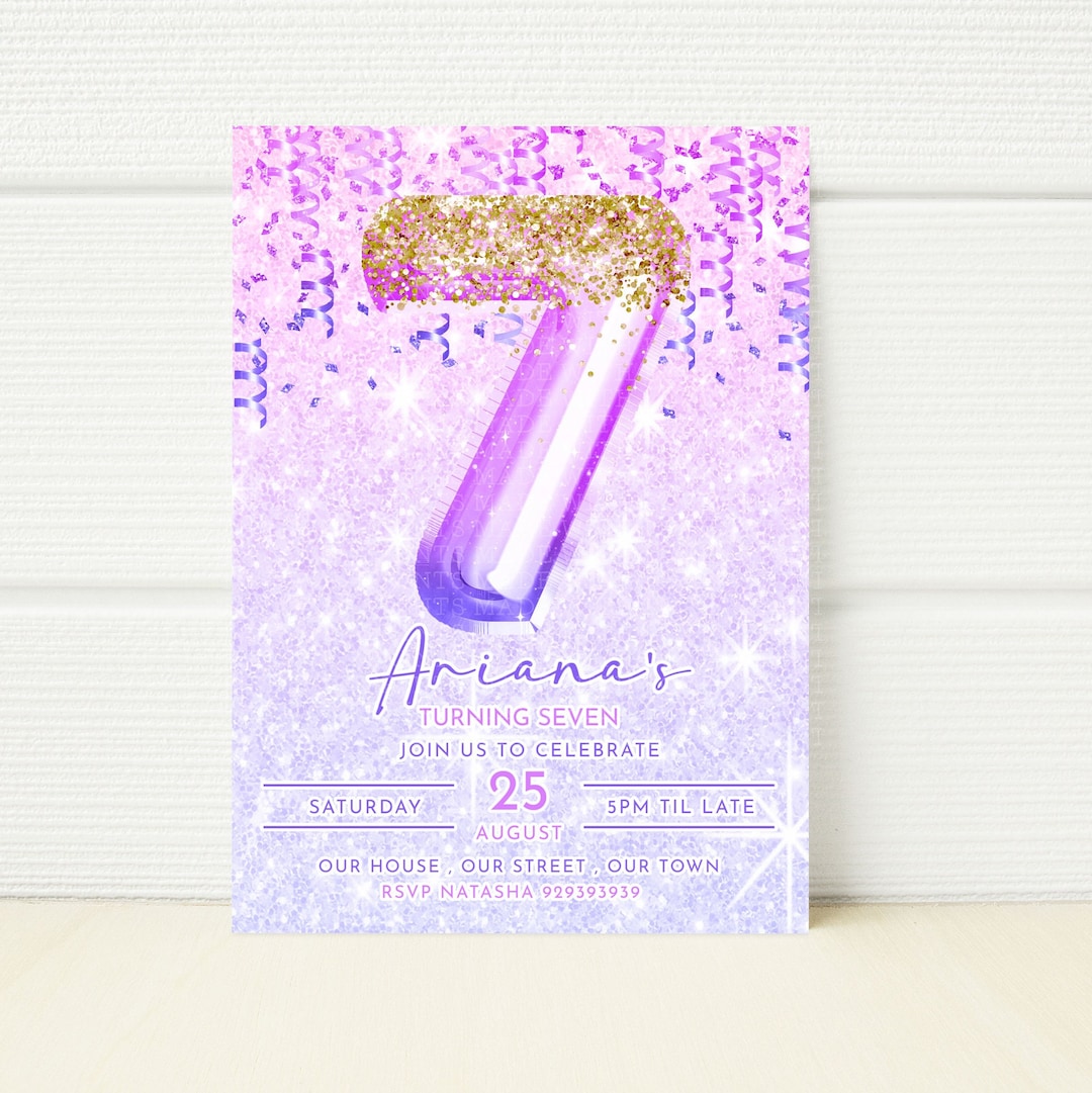Editable Pink and Purple 7th Birthday Invitation First Birthday Invite ...
