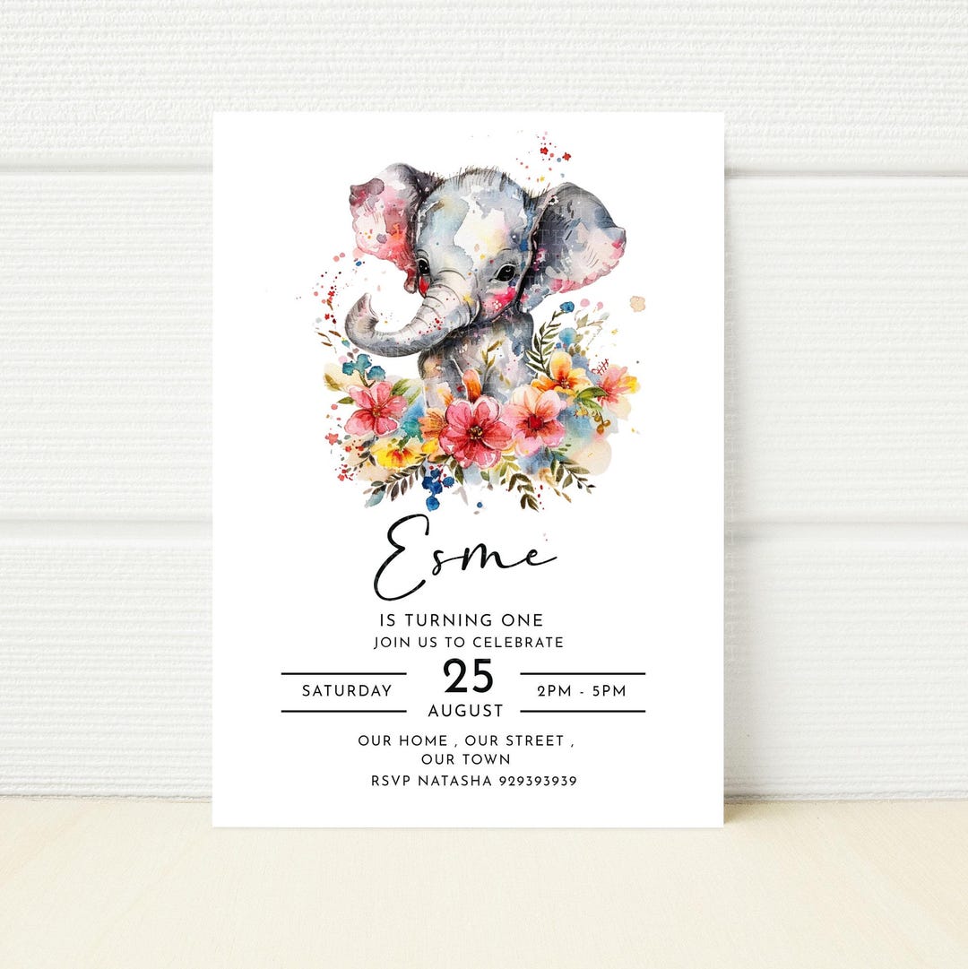 Elephant Birthday Invitation, Watercolor Safari Party (digital ...
