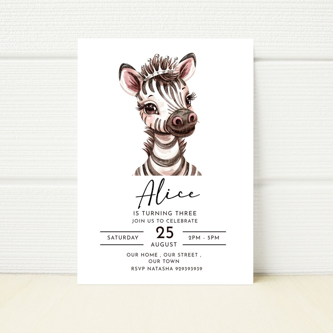 Editable Princess Zebra Birthday Wild Party Invitation Phone Digital E ...