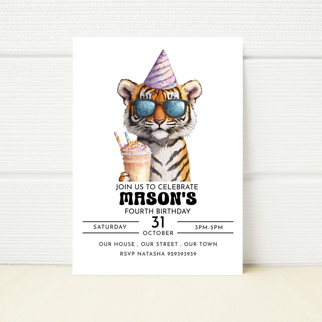 Editable Milkshake Tiger Birthday Party Invite Invitation Boys Girls ...