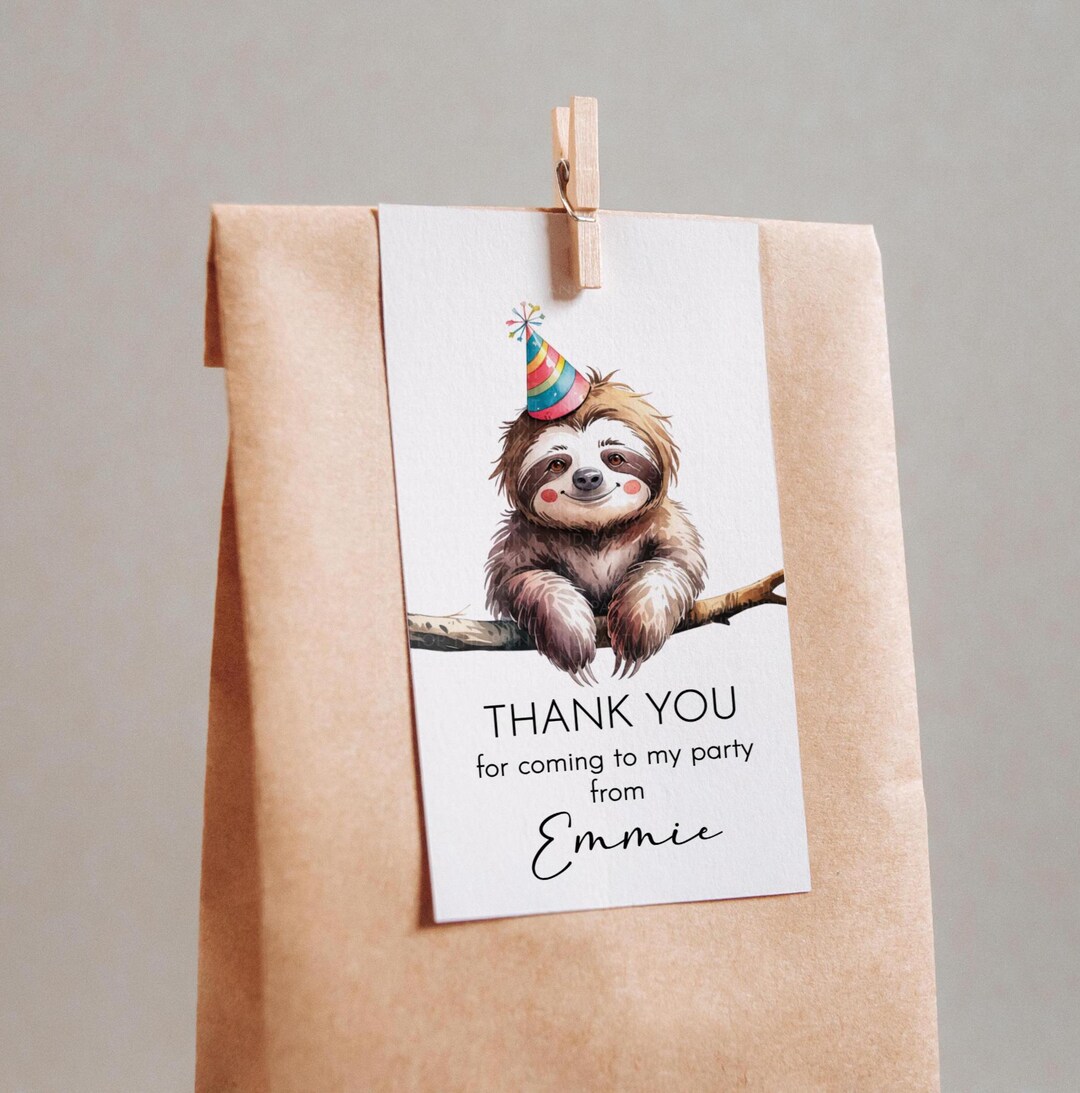 Sloth Birthday Thank You Tag, Woodland Favor Label (editable Digital ...