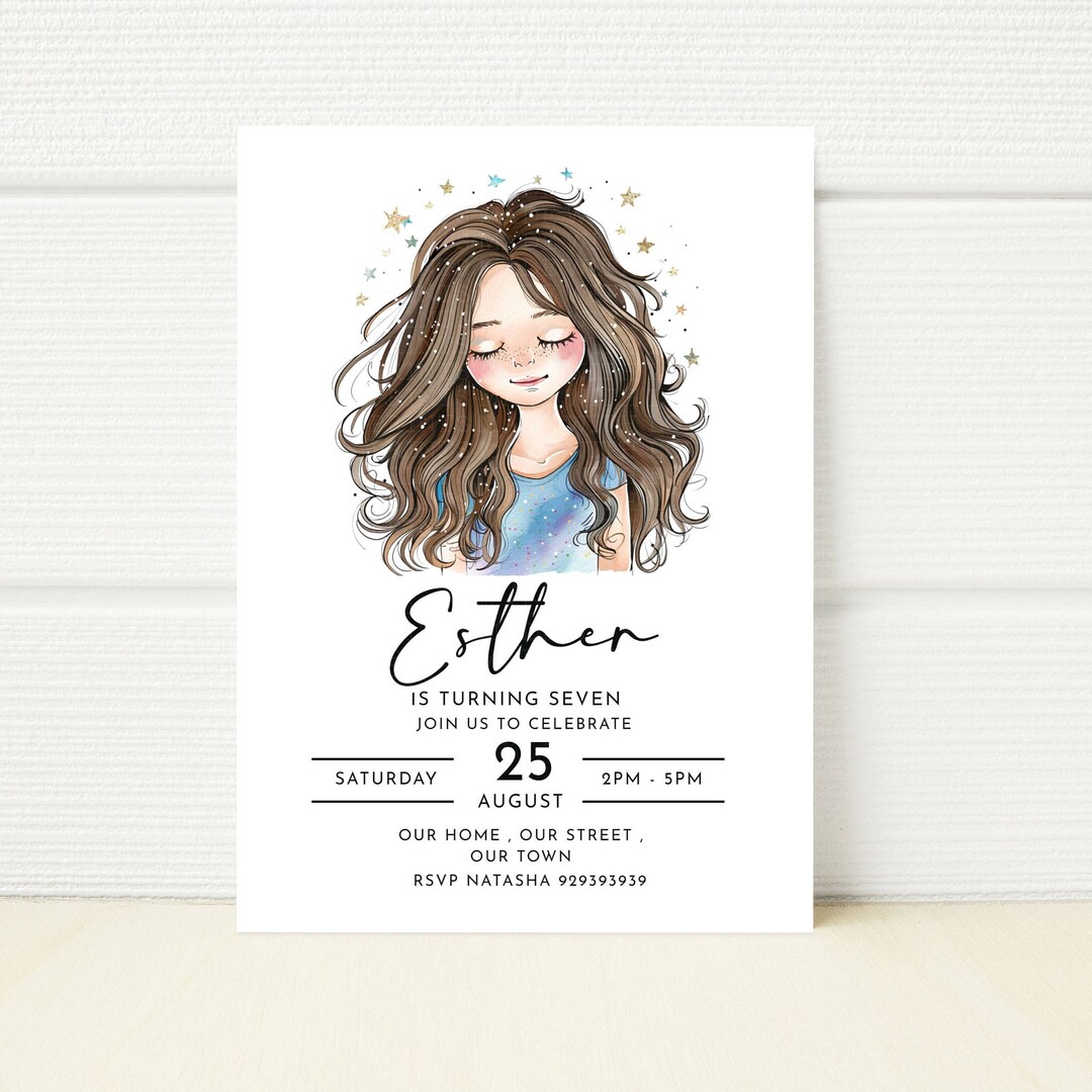 Editable Brunette Girl Birthday Invitation Party Invite 7th 8th 9th ...