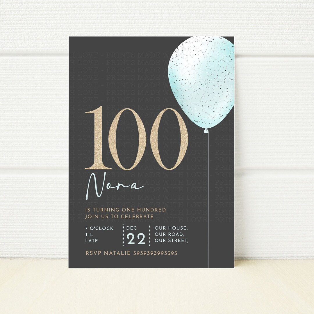 Editable 100th Birthday Invitation Party Minimalist Baby Blue Gold ...