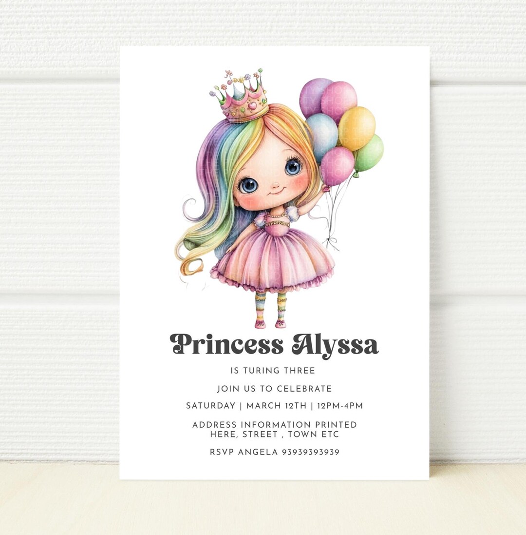 Editable Princess Rainbow Birthday Party Tiara Invite Wild Phone ...