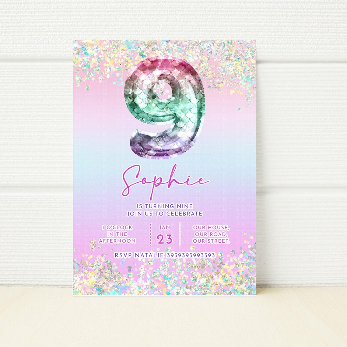 Editable 9th Birthday Party Invitation Mermaid Printable Template ...