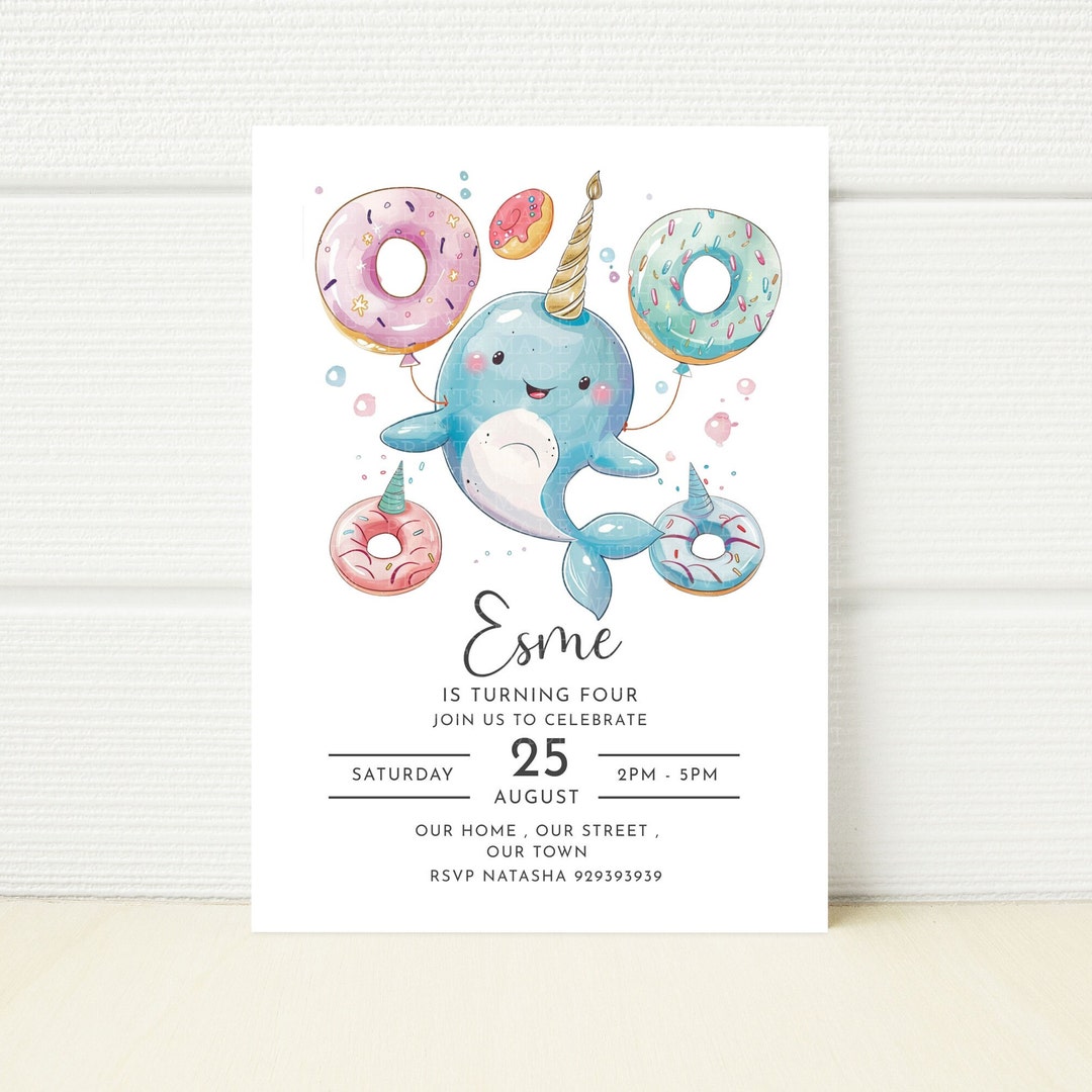 Cute Narwhal Birthday Invitation Doughnuts Party Editableinvite Rainbow ...